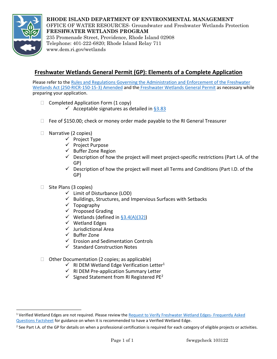 Rhode Island Freshwater Wetlands General Permit (Gp): Elements of a ...