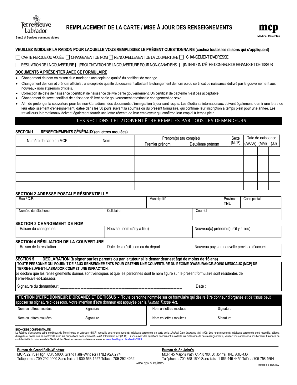 Newfoundland and Labrador Canada Remplacement De La Carte/Mise a Jour ...