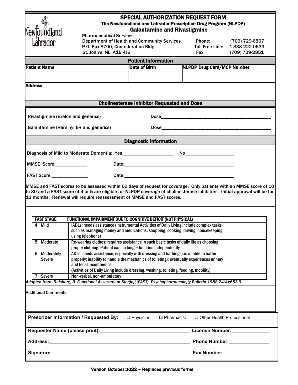 Newfoundland and Labrador Canada Special Authorization Request Form ...