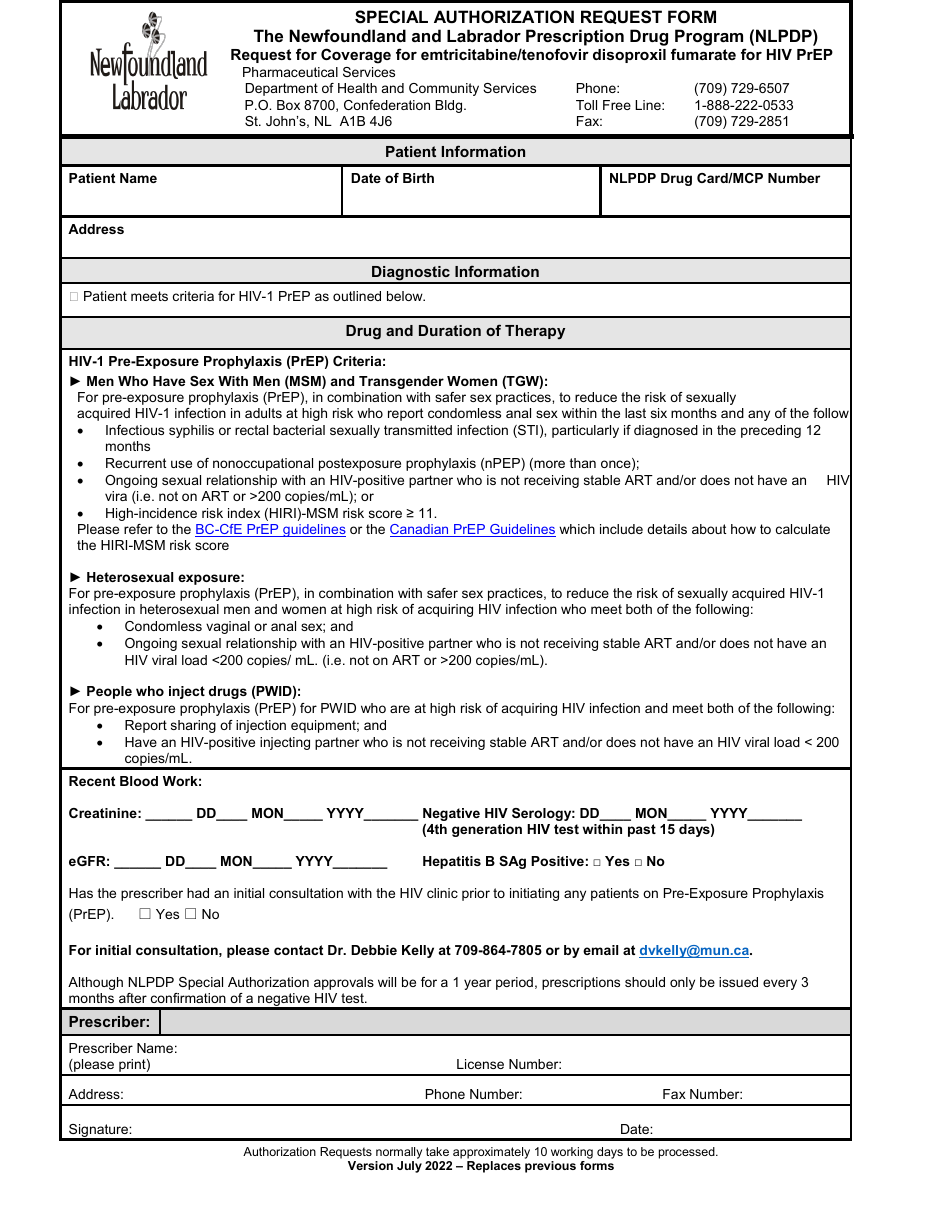 Newfoundland and Labrador Canada Special Authorization Request Form ...