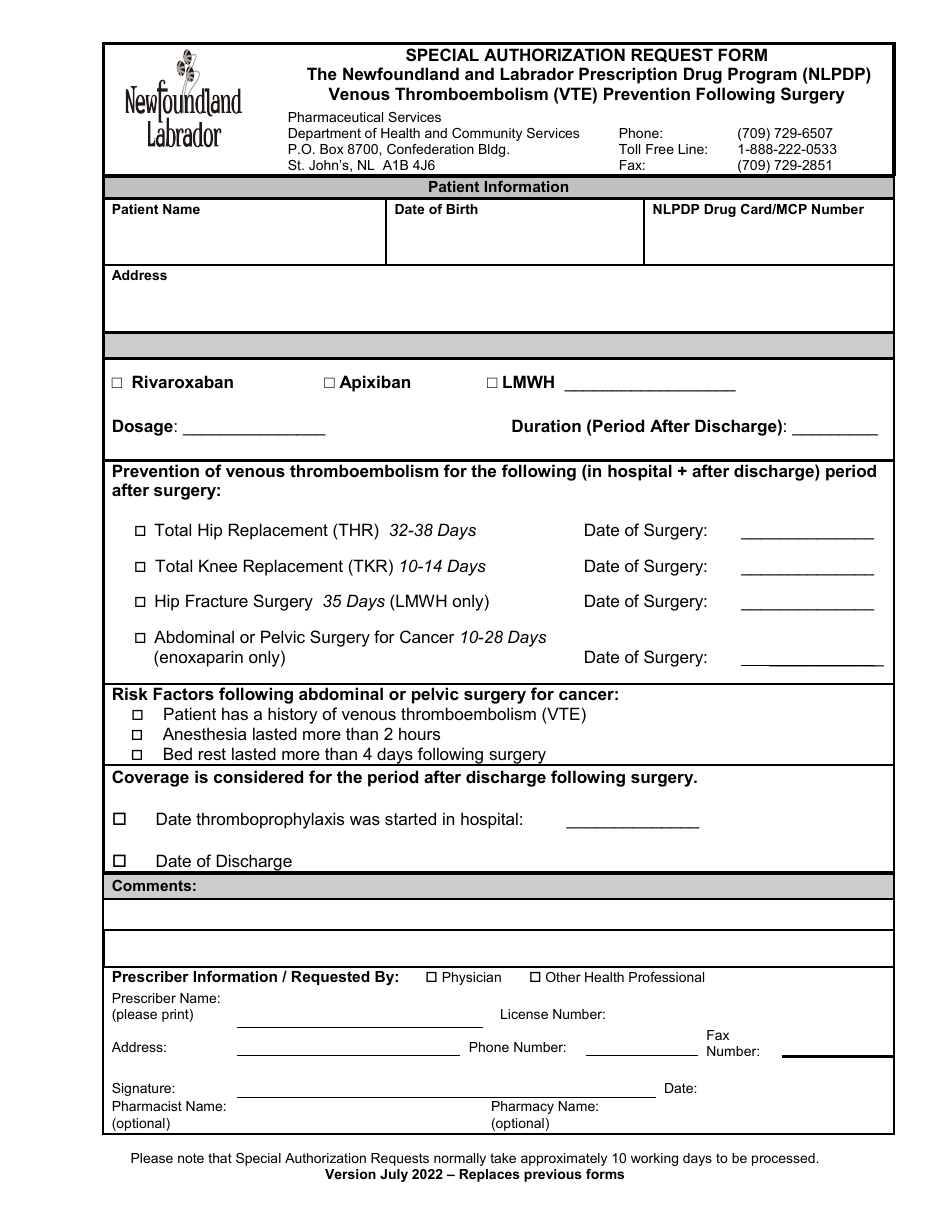 Newfoundland and Labrador Canada Special Authorization Request Form ...