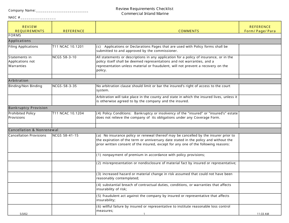 North Carolina Review Requirements Checklist - Commercial Inland Marine ...