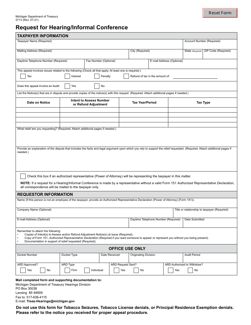 Form 5713 - Fill Out, Sign Online and Download Fillable PDF, Michigan ...