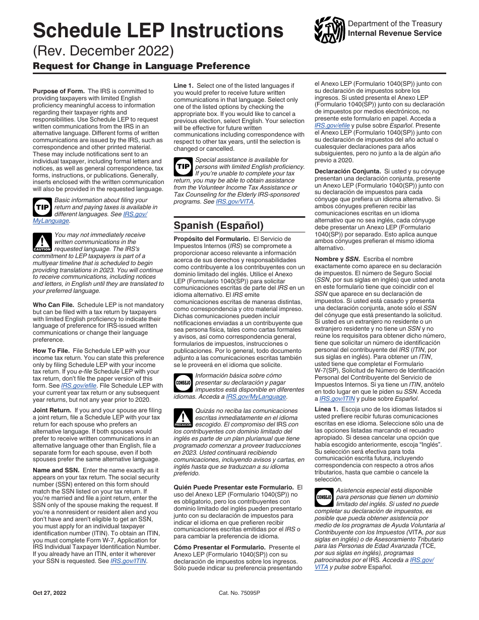 Download Instructions for IRS Form 1040 Schedule LEP Request for Change ...