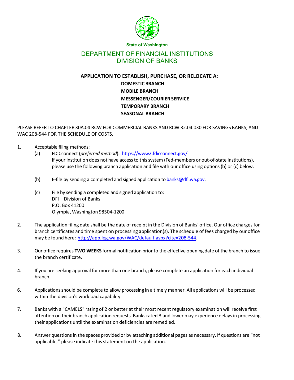 Washington Branch Application Form Download Printable PDF | Templateroller