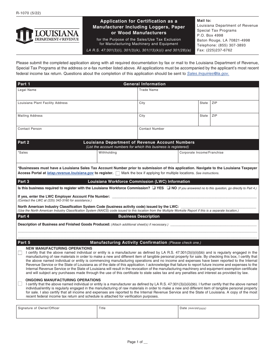 Form R-1070 Download Fillable PDF or Fill Online Application for ...