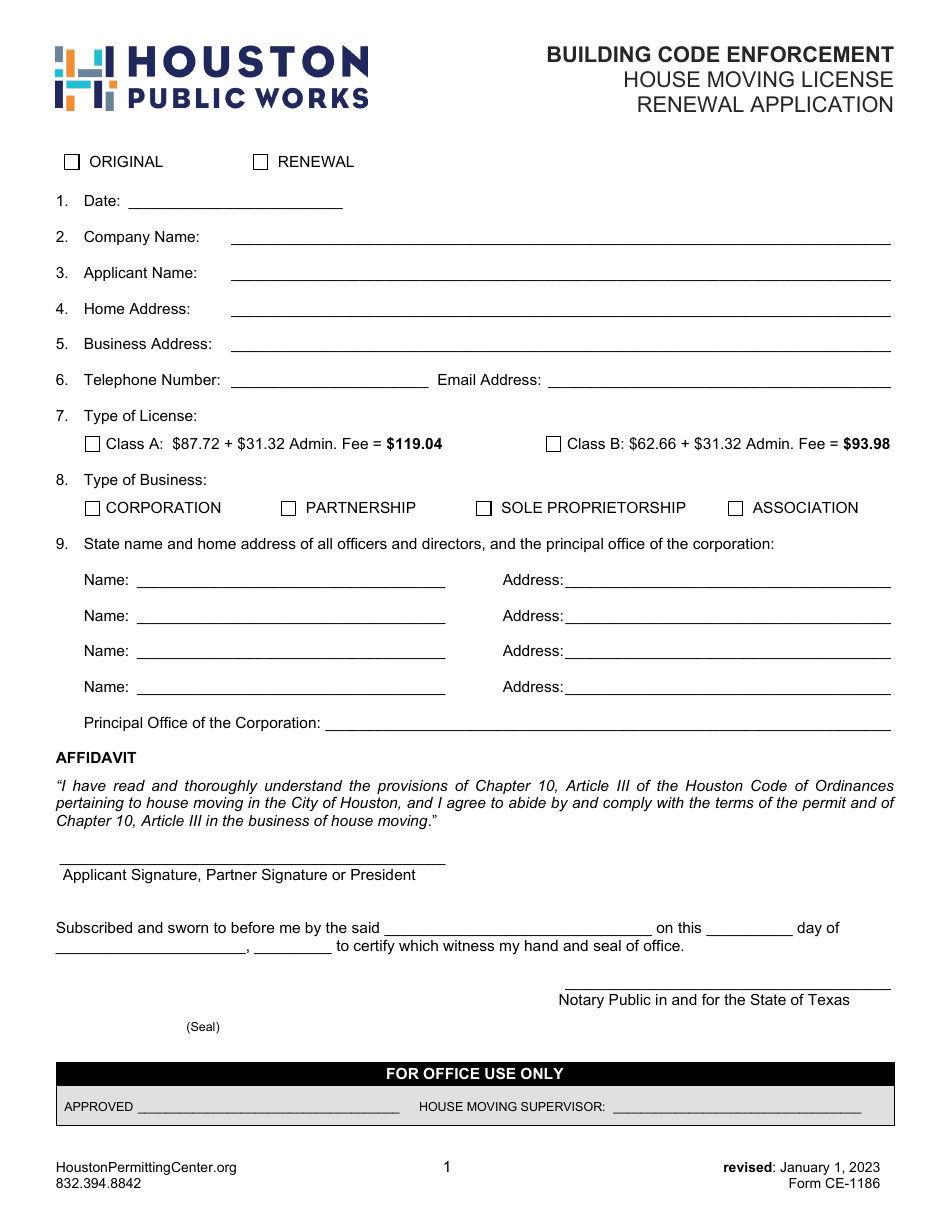 Form CE-1186 Download Fillable PDF or Fill Online House Moving License Renewal Application, City ...