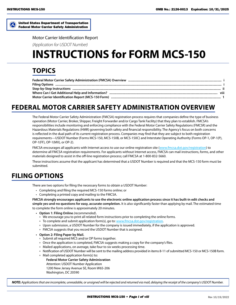 Form MCS-150 Download Fillable PDF or Fill Online Motor Carrier ...