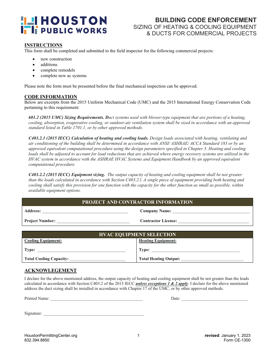 Form CE-1300 Download Fillable PDF or Fill Online Sizing of Heating ...