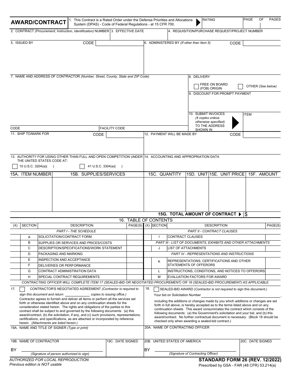 Form SF-26 Download Fillable PDF or Fill Online Award/Contract 2013 ...
