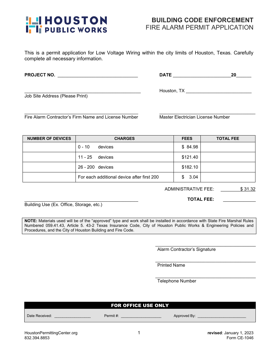 Form CE-1046 Download Fillable PDF or Fill Online Fire Alarm Permit ...