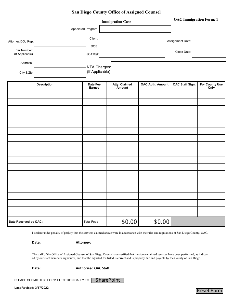OAC Form 1 - Fill Out, Sign Online and Download Fillable PDF, County of San Diego, California ...