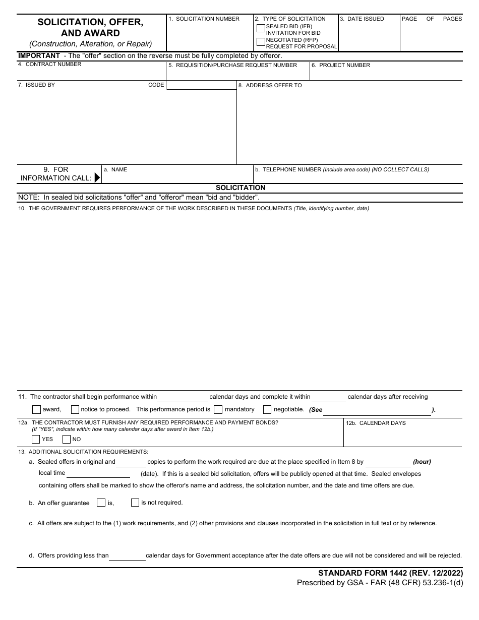 Form SF-1442 Download Fillable PDF or Fill Online Solicitation, Offer ...