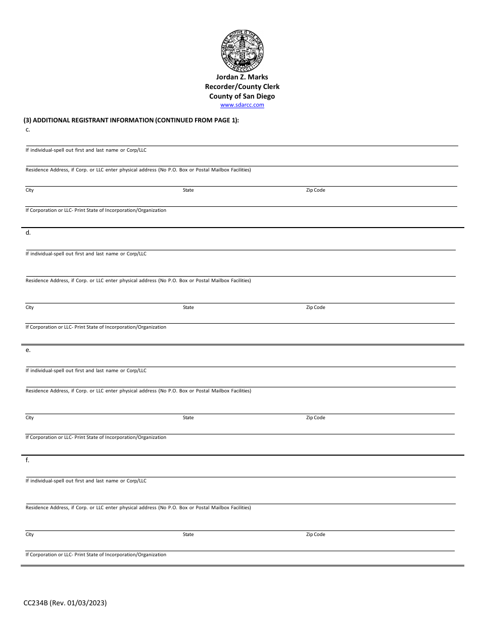 Form CC234B Download Fillable PDF or Fill Online Additional Registrant ...