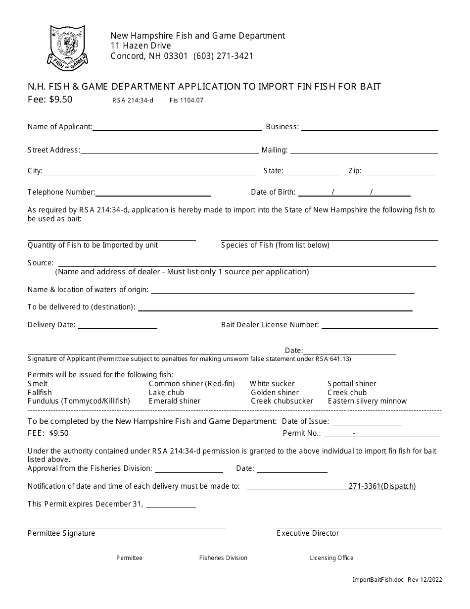 New Hampshire Application to Import Fin Fish for Bait - Fill Out, Sign ...