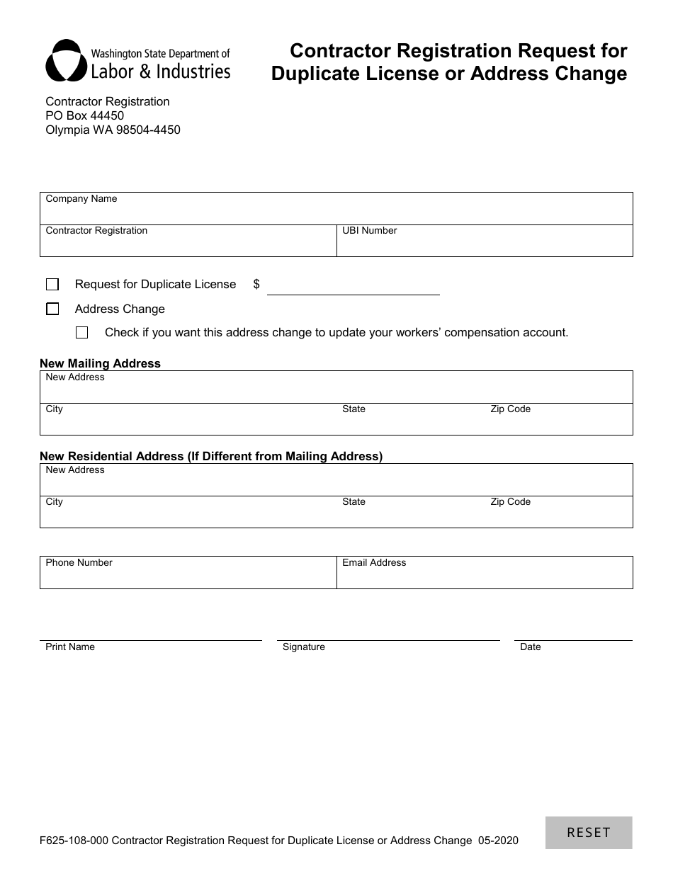 Form F625-108-000 Download Fillable PDF or Fill Online Contractor Registration Request for ...