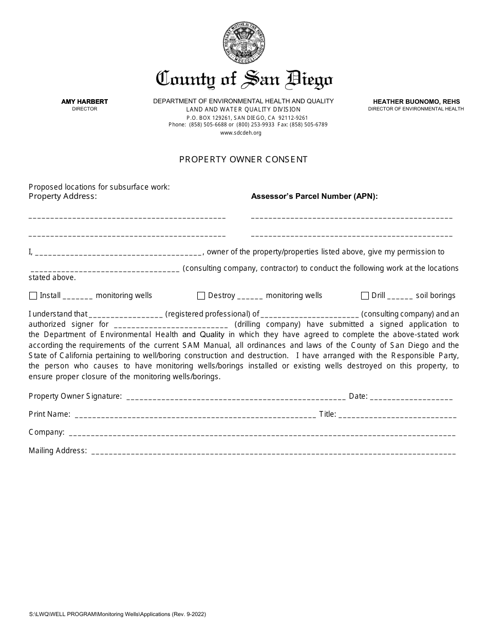 County of San Diego, California Property Owner Consent Download ...