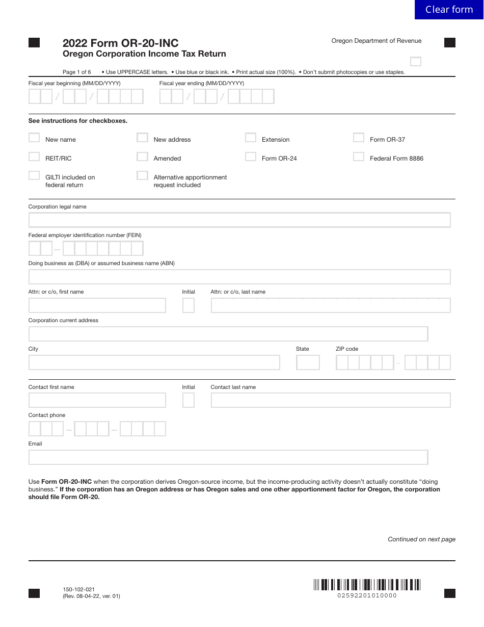 Form OR-20-INC (150-102-021) - 2022 - Fill Out, Sign Online and ...