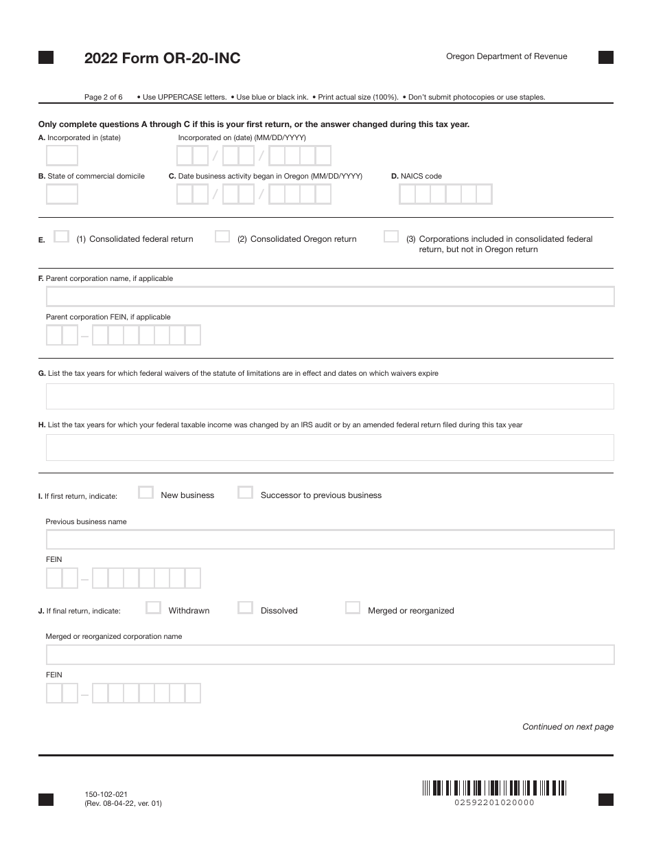 Form OR-20-INC (150-102-021) Download Fillable PDF or Fill Online ...