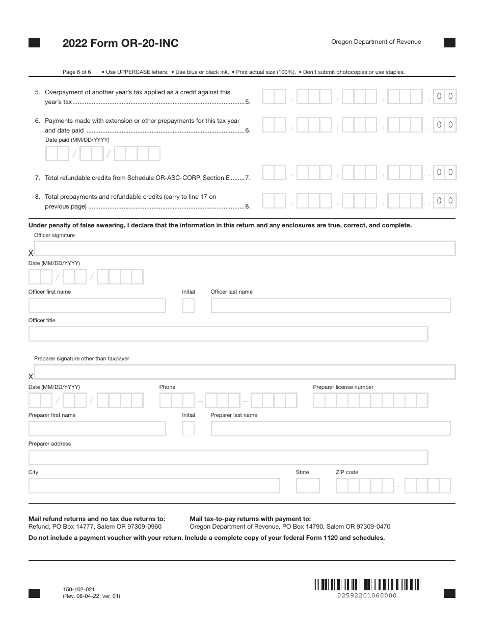 Form OR-20-INC (150-102-021) Download Fillable PDF or Fill Online ...
