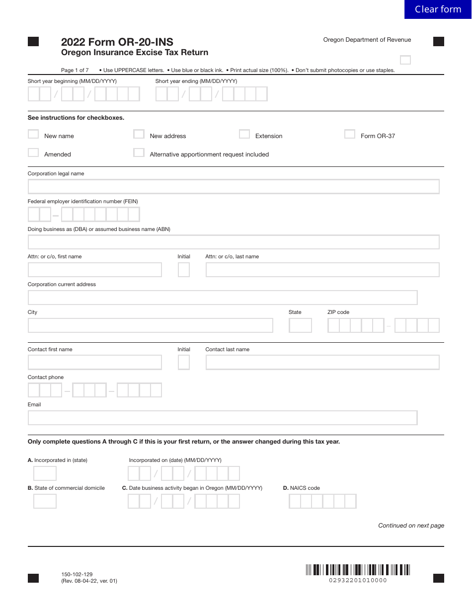 Form OR-20-INS (150-102-129) - 2022 - Fill Out, Sign Online and ...