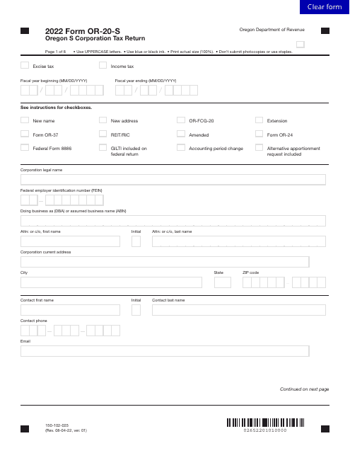 Form OR-20-S (150-102-025) Download Fillable PDF or Fill Online Oregon ...
