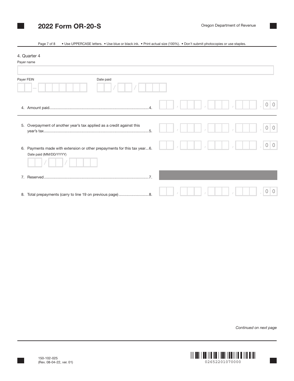 Form OR-20-S (150-102-025) Download Fillable PDF or Fill Online Oregon ...