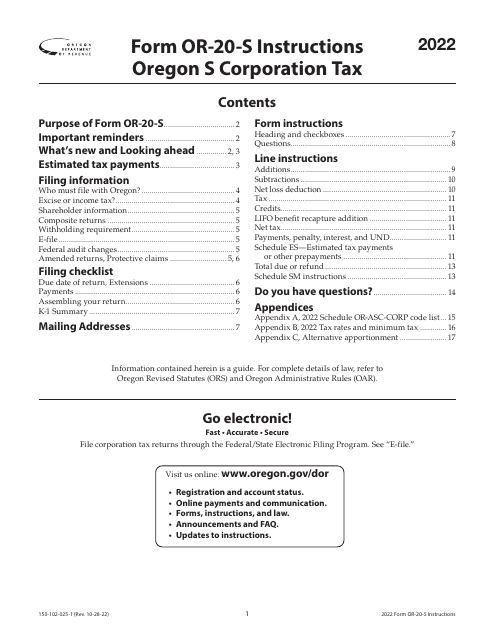 Download Instructions for Form OR-20-S, 150-102-025 Oregon S ...