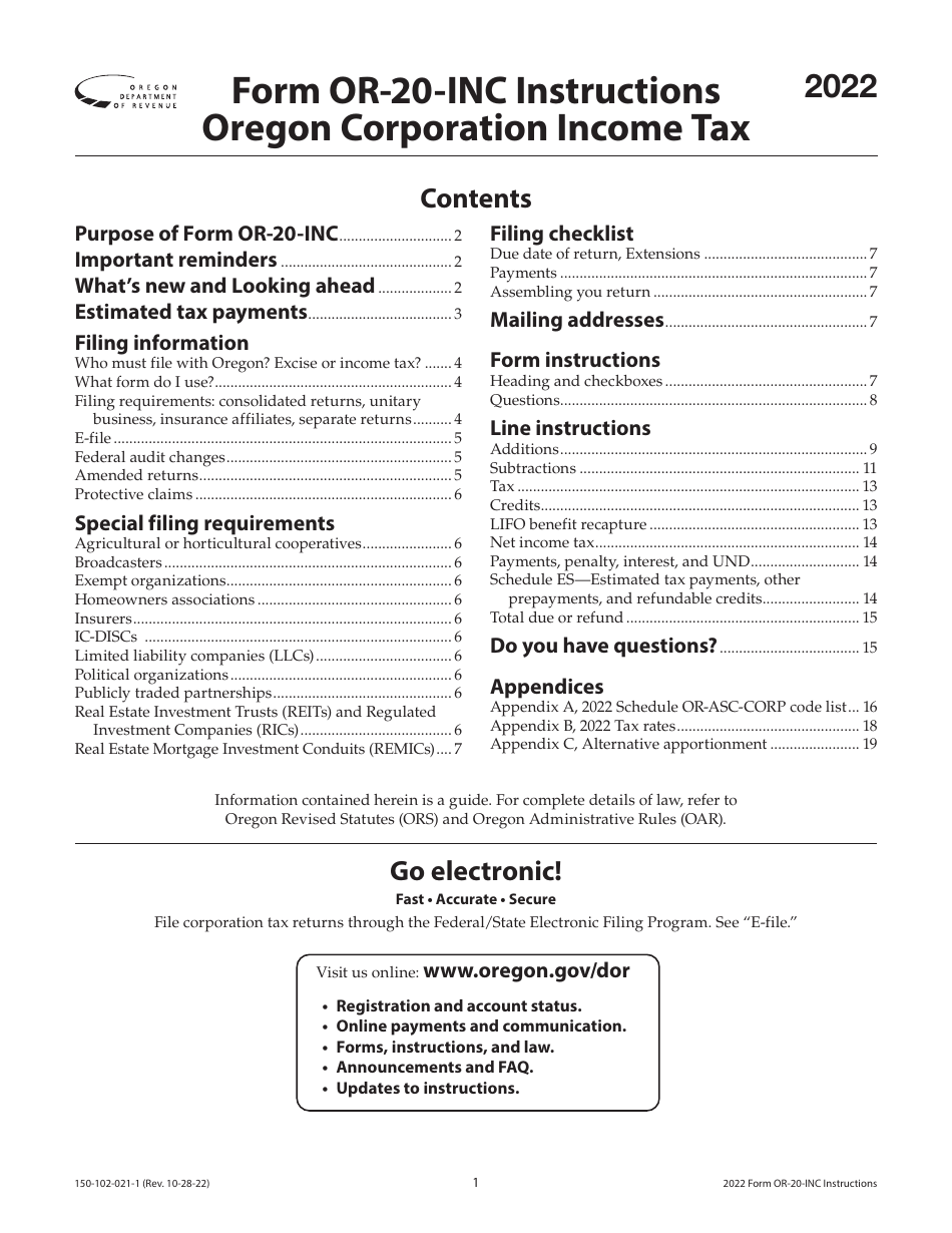 Download Instructions for Form OR-20-INC, 150-102-021 Oregon ...