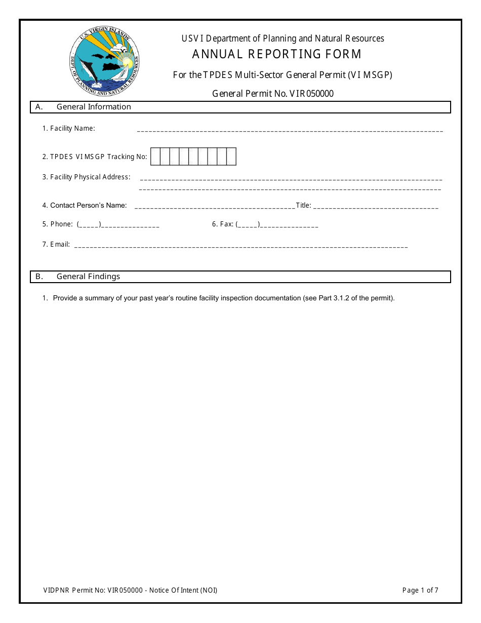 Virgin Islands Annual Reporting Form for the Tpdes Multi-Sector General ...