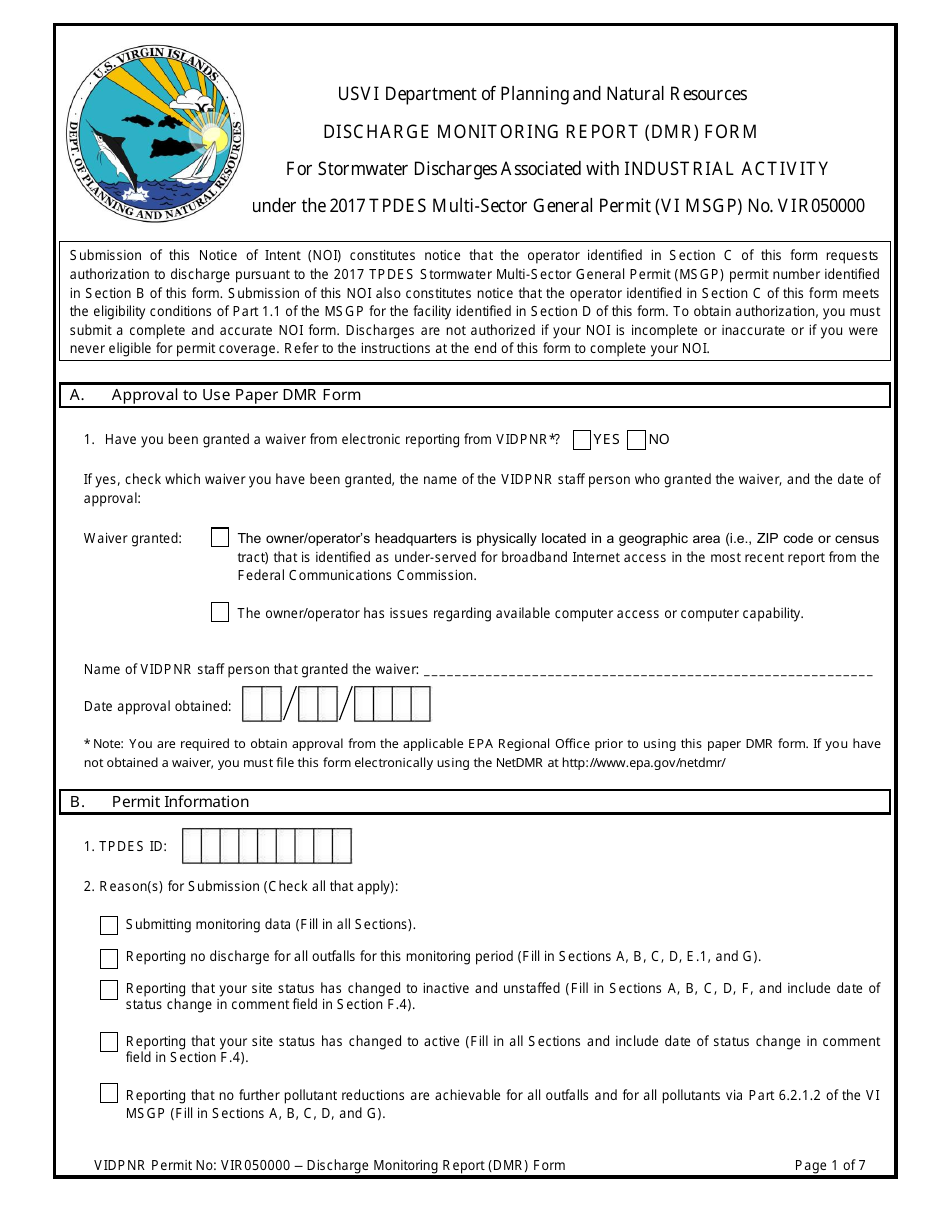 Virgin Islands Discharge Monitoring Report (Dmr) Form for For ...