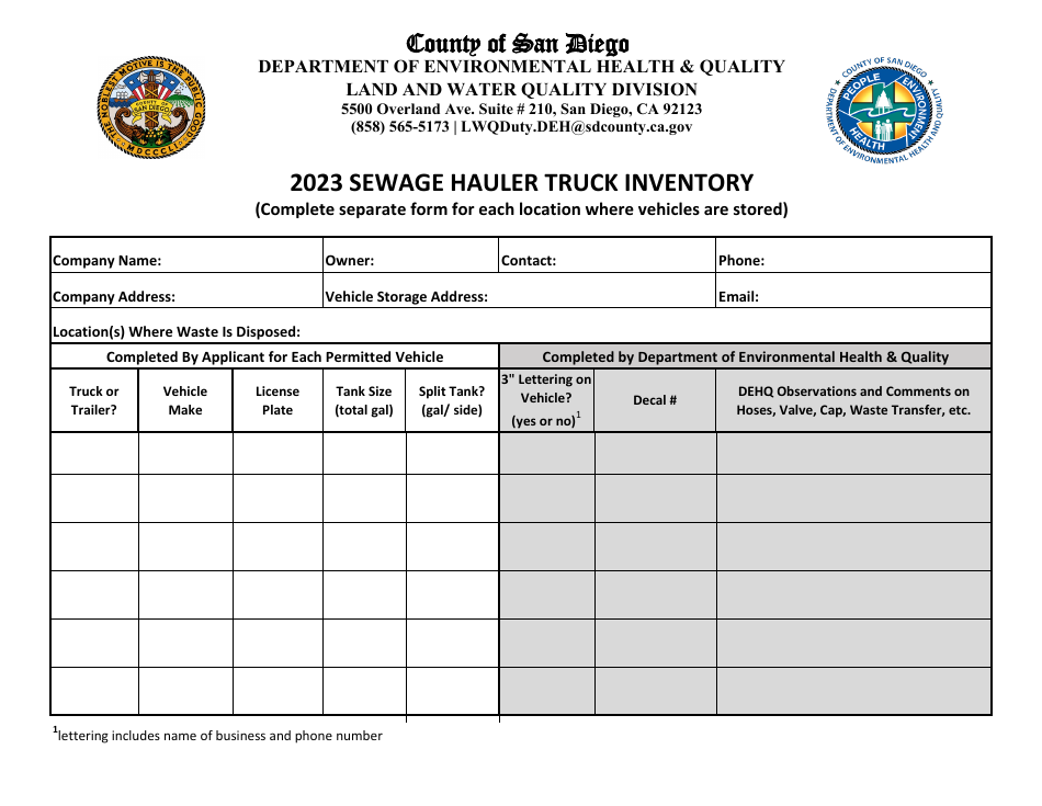 2023 County of San Diego, California Sewage Hauler Truck Inventory ...