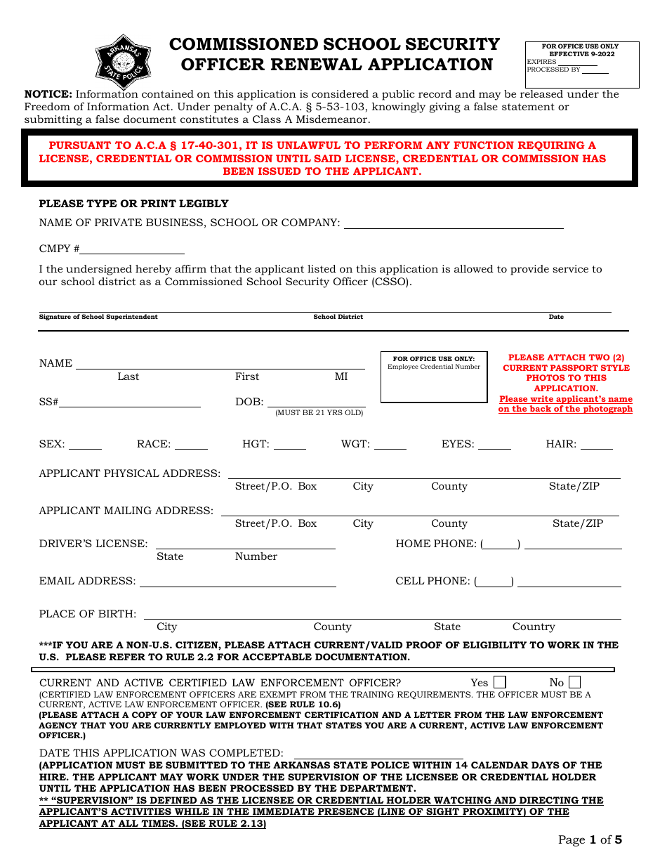 Arkansas Commissioned School Security Officer Renewal Application ...