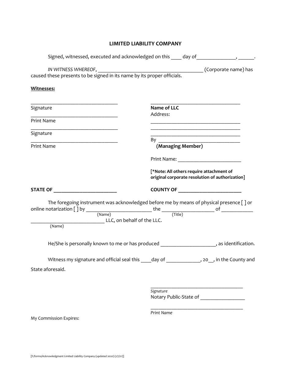 Miami-Dade County, Florida Acknowledgement of Limited Liability Company ...