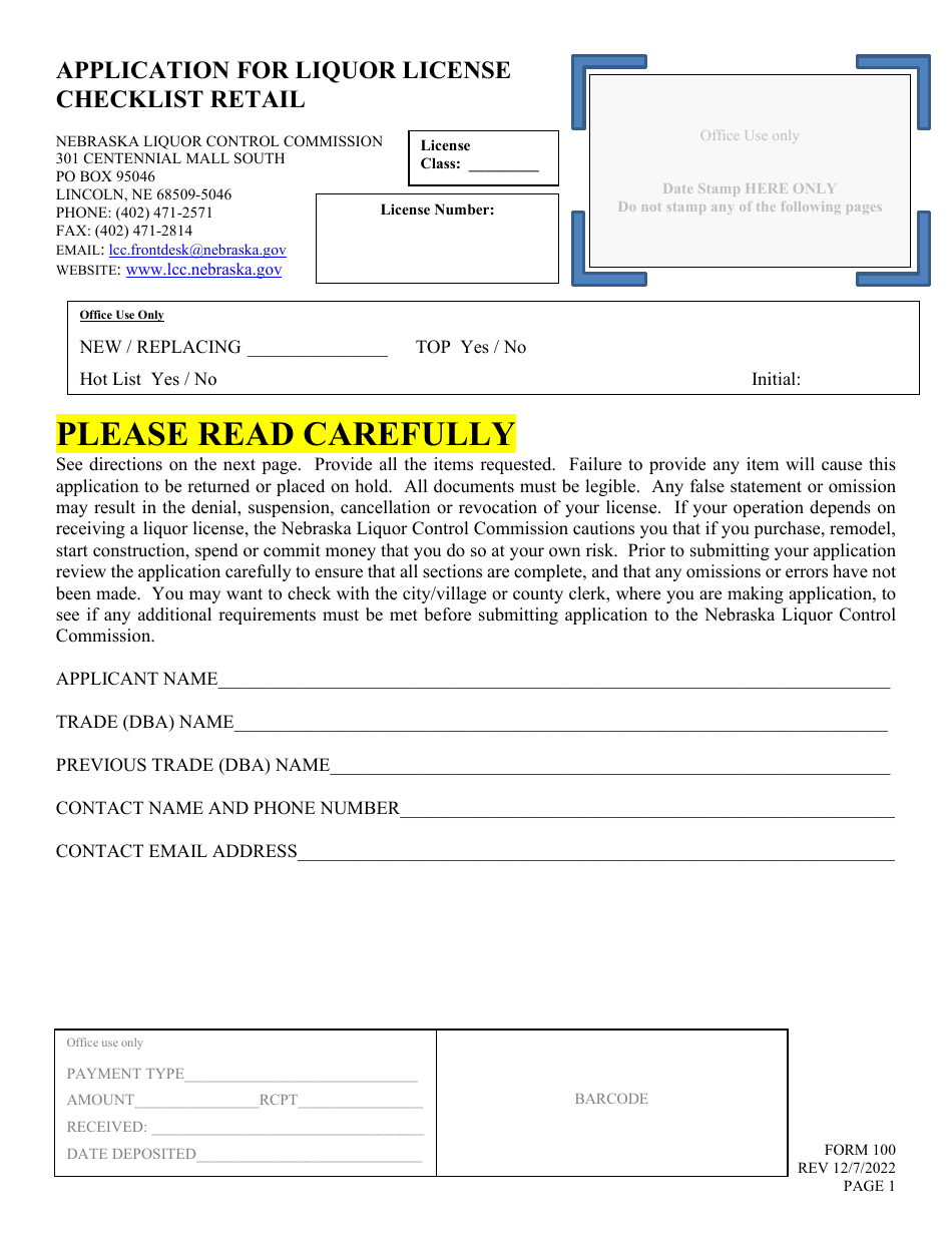 Form 100 Download Fillable PDF or Fill Online Application for Liquor ...