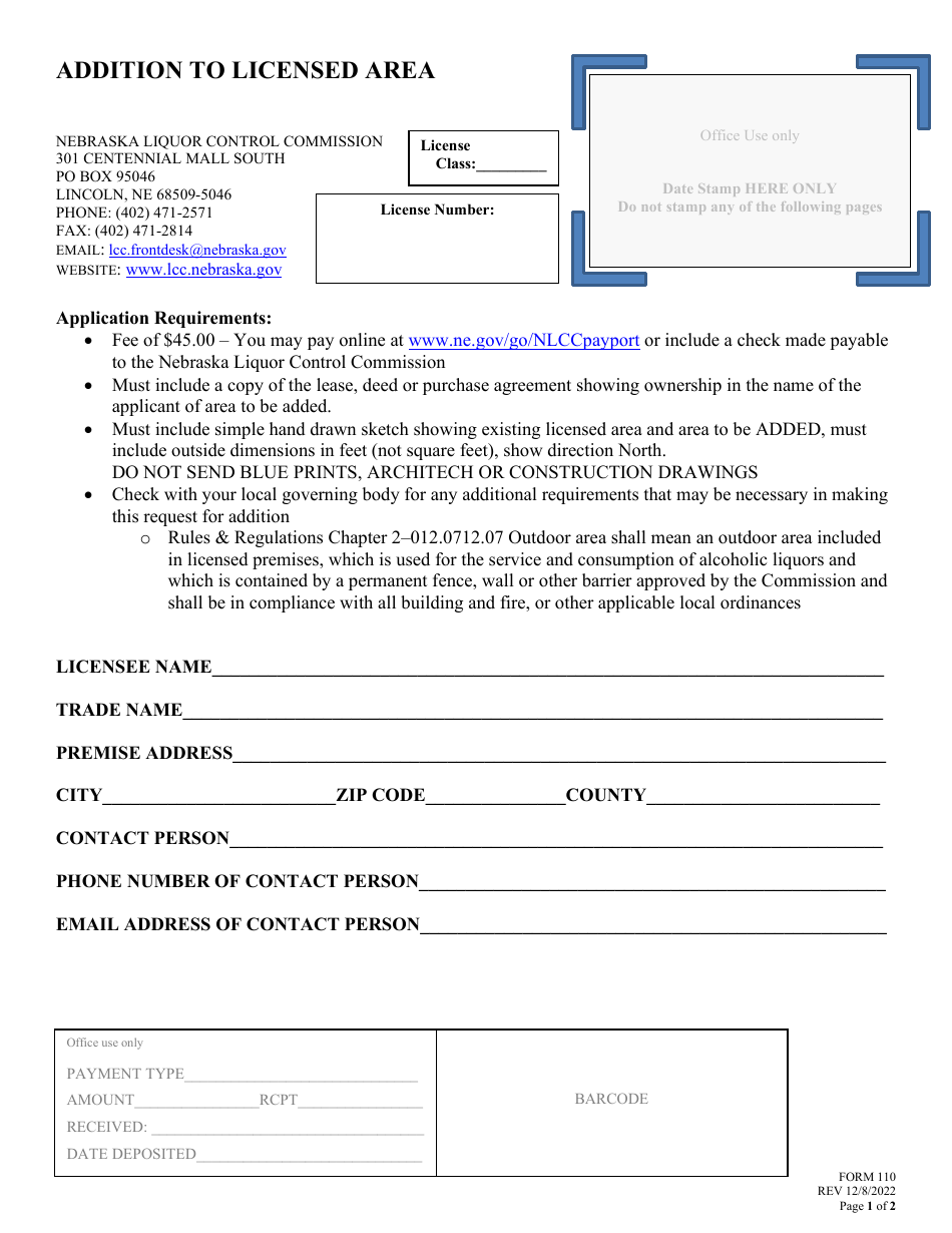 Form 110 Download Fillable PDF or Fill Online Addition to Licensed Area ...