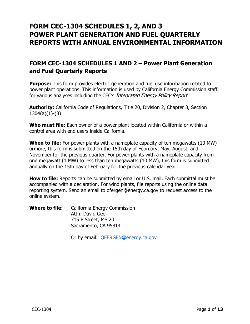Download Instructions for Form CEC-1304 Power Plant Generation and Fuel ...