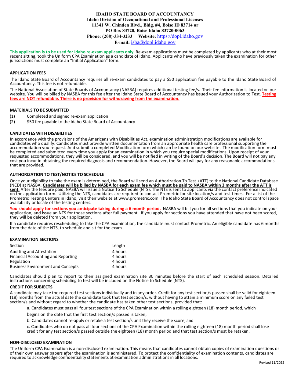 Idaho Application for Re-exam Download Fillable PDF 2021 — 2025 ...
