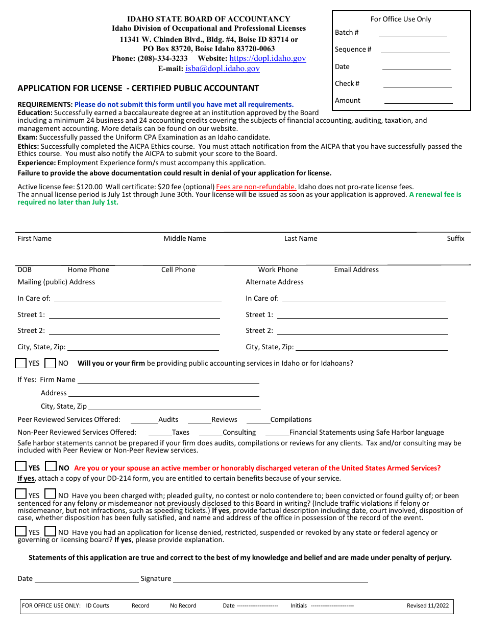Idaho Application for License - Certified Public Accountant - Fill Out ...