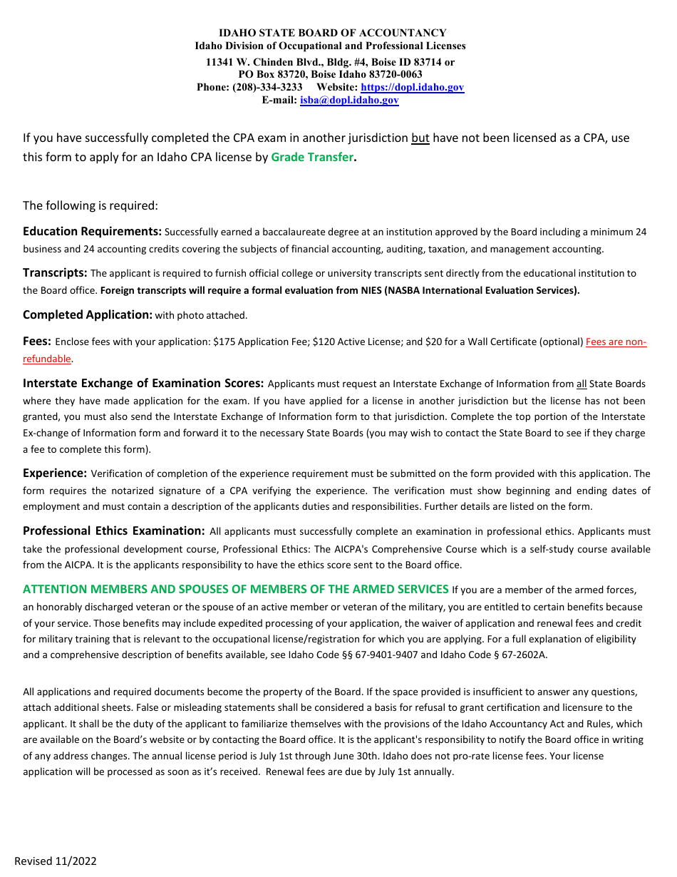 Idaho CPA License by Grade Transfer Application - Fill Out, Sign Online ...