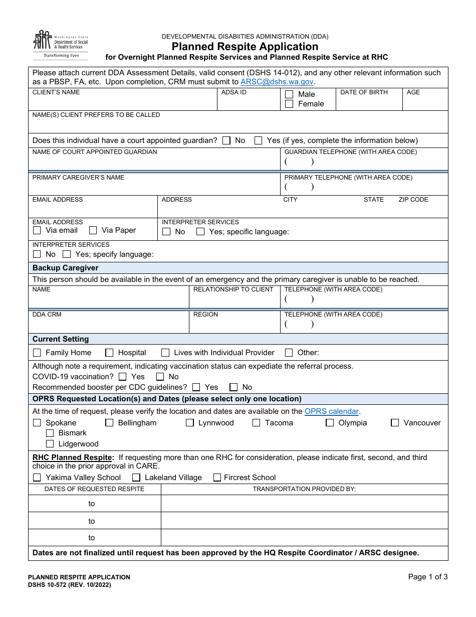 DSHS Form 10-572 Download Printable PDF or Fill Online Planned Respite ...