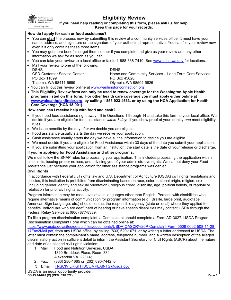 DSHS Form 14-078 Download Printable PDF or Fill Online Eligibility ...