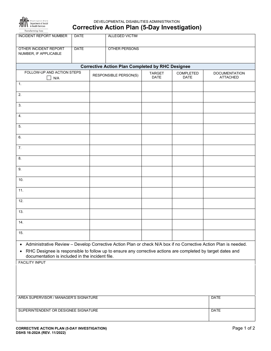 DSHS Form 16-202A Download Printable PDF or Fill Online Corrective ...