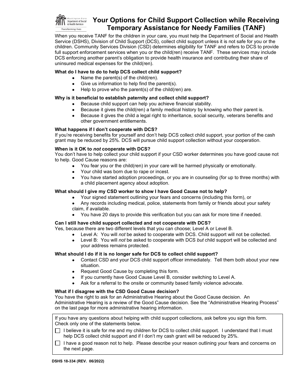 DSHS Form 18-334 Download Printable PDF or Fill Online Your Options for ...