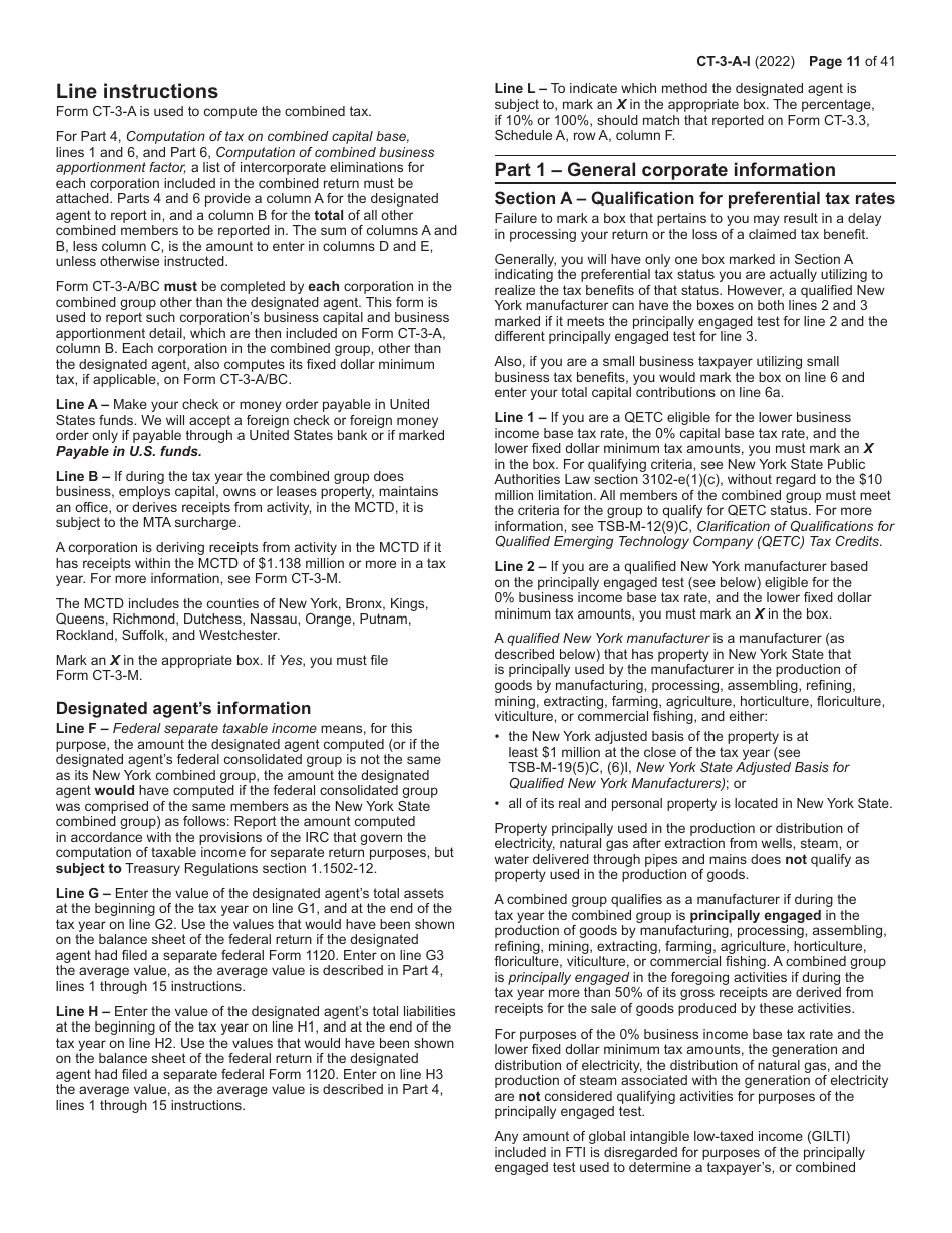 Download Instructions for Form CT-3-A General Business Corporation ...