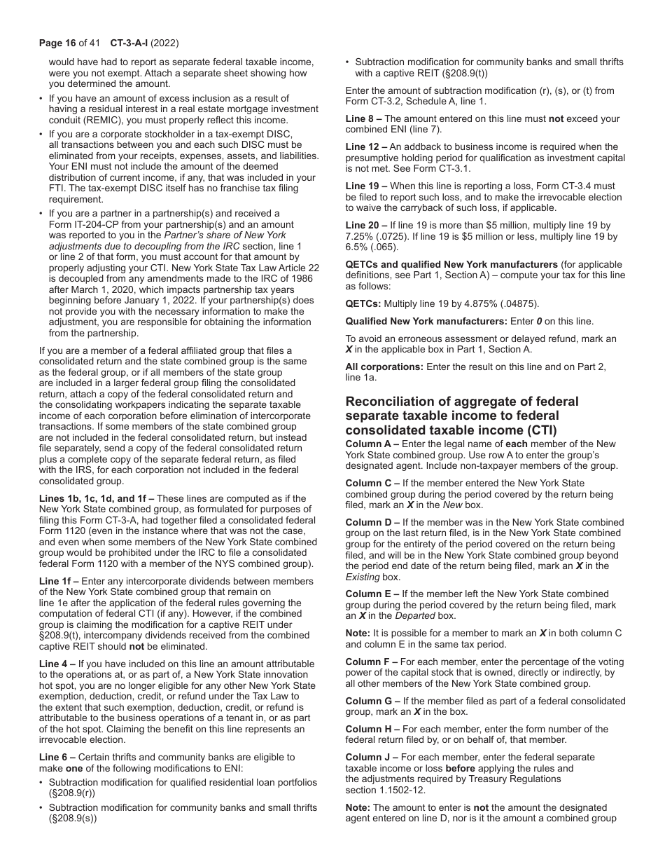 Download Instructions for Form CT-3-A General Business Corporation ...