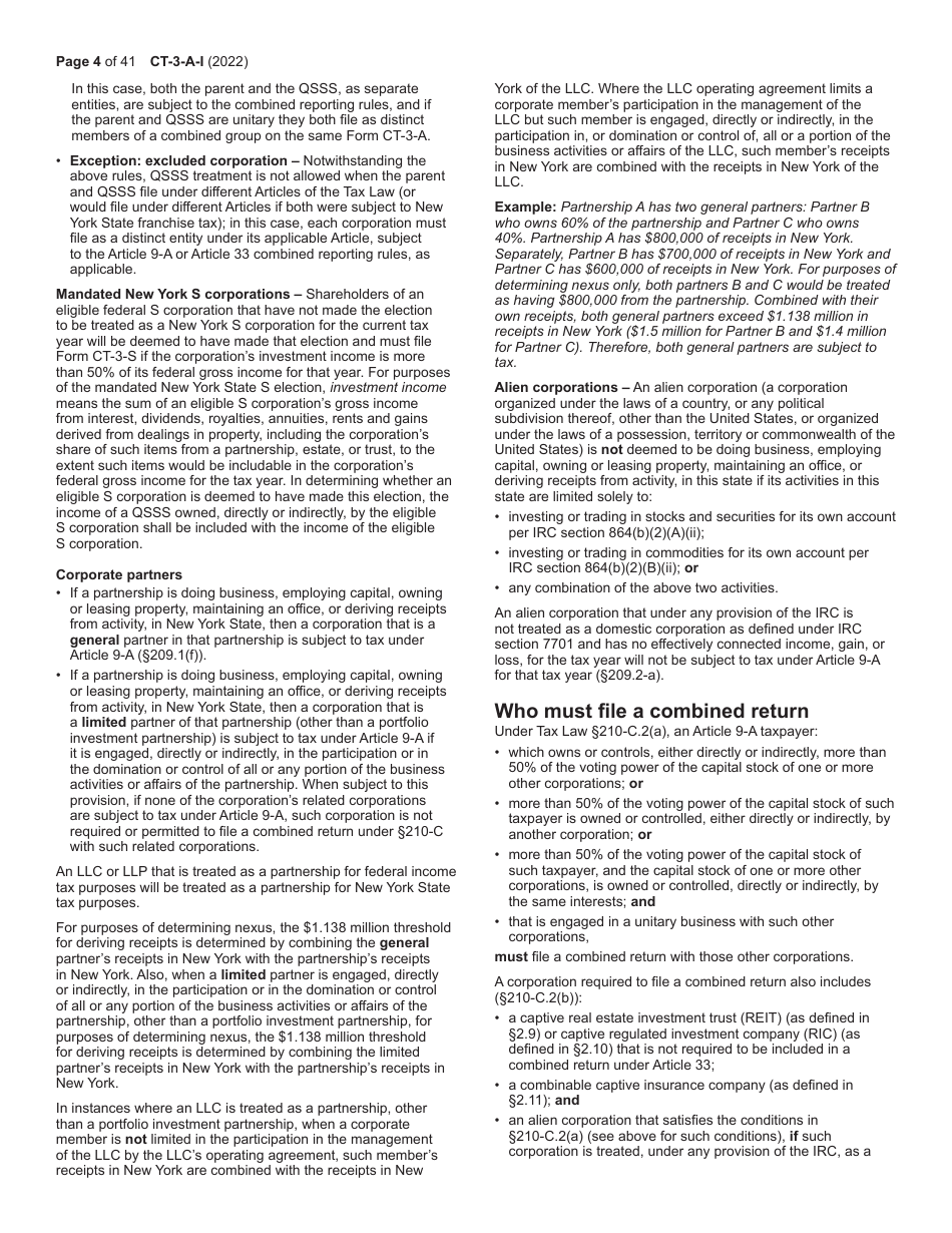 Download Instructions for Form CT-3-A General Business Corporation ...