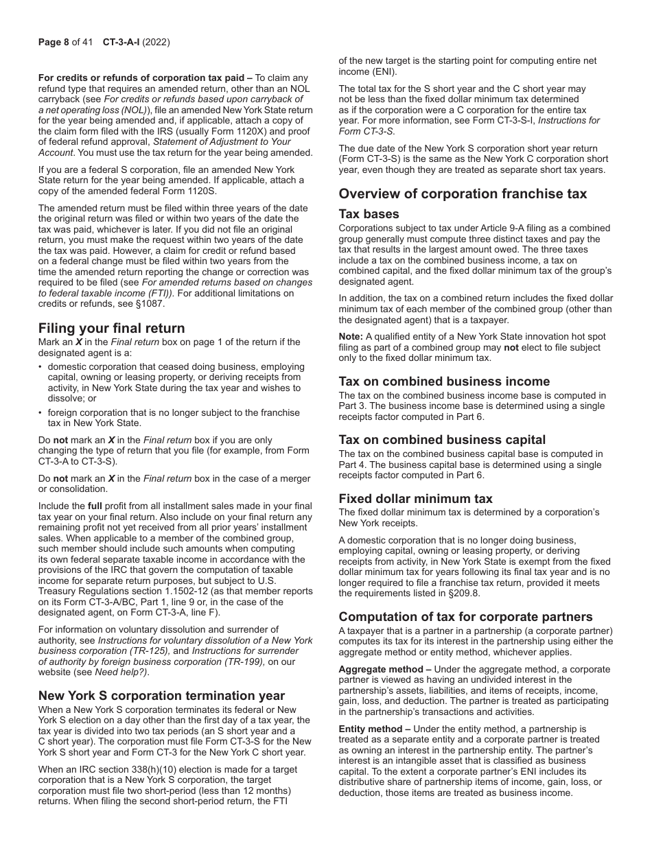 Download Instructions for Form CT-3-A General Business Corporation ...