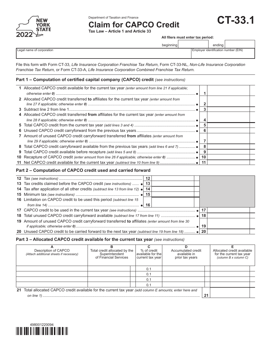 Form CT-33.1 - 2022 - Fill Out, Sign Online and Download Printable PDF ...