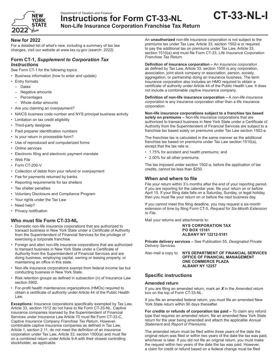 Download Instructions for Form CT-33-NL Non-life Insurance Corporation ...